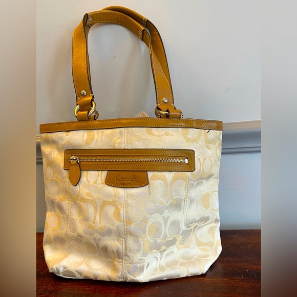 Coach | Bags | Vintage Coach Gold Logo Tote Gold With Tan Leather ...